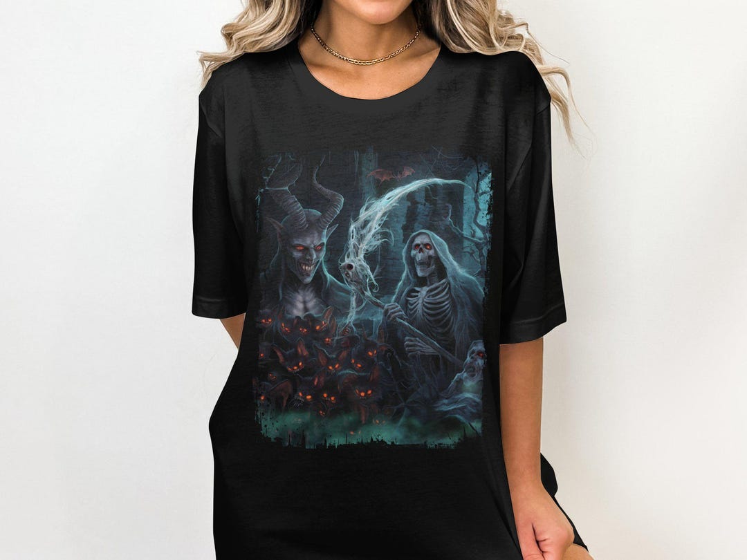 Gothic Horror T-shirt, Grim Reaper and Demon Design, Spooky Graphic Tee ...