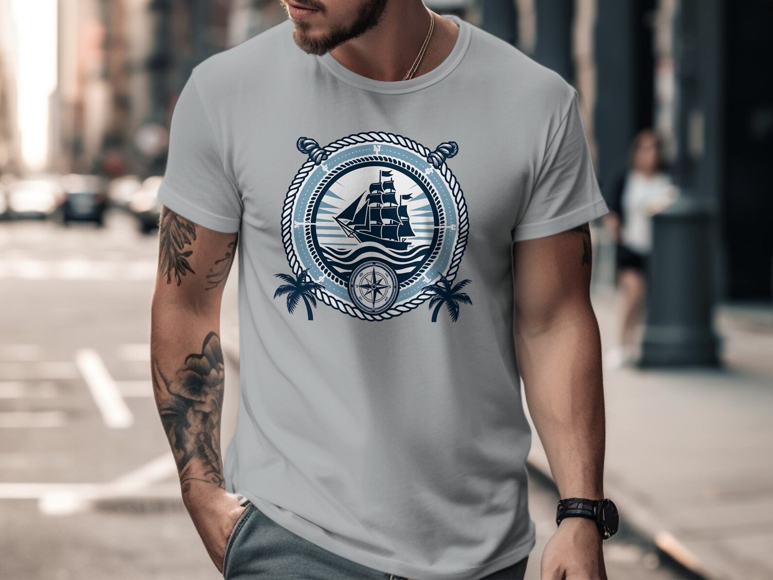 Nautical Ship and Compass Design T-shirt, Ocean Inspired Vintage ...