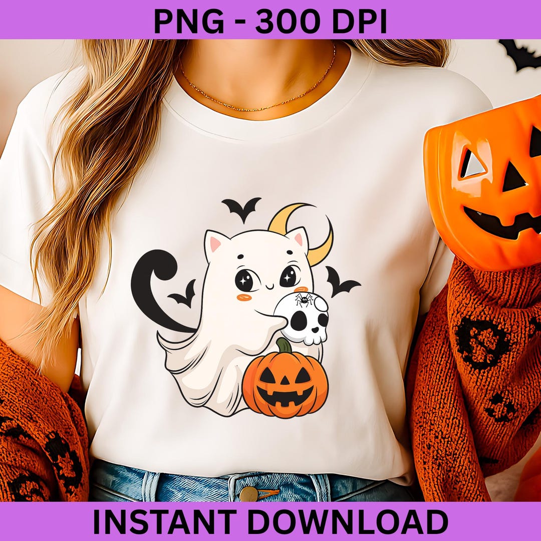 Cute Ghost Cat PNG | Halloween Kitty Clipart | Kawaii Pumpkin & Skull ...