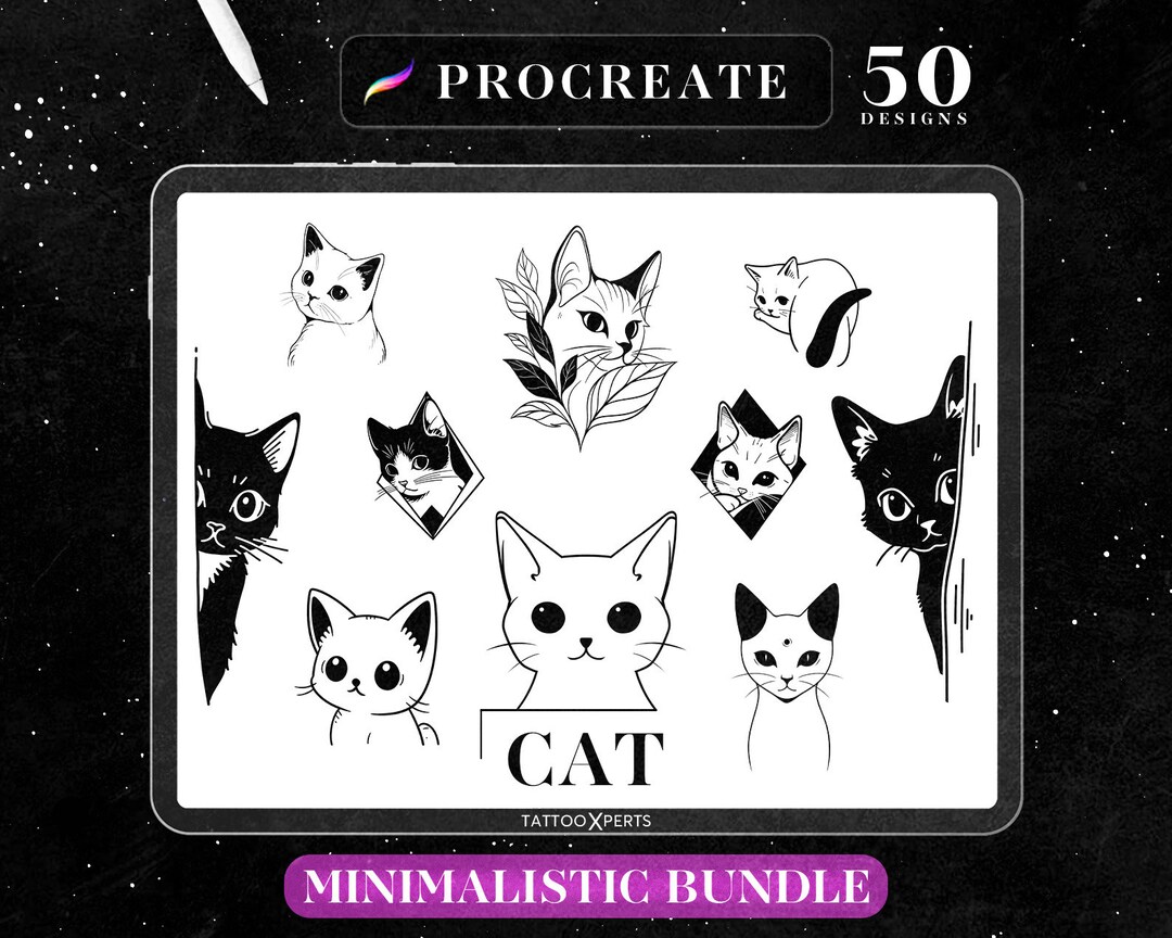 50 Cat Tattoo Designs INSTANT DOWNLOAD Minimalistic Stamps Procreate ...