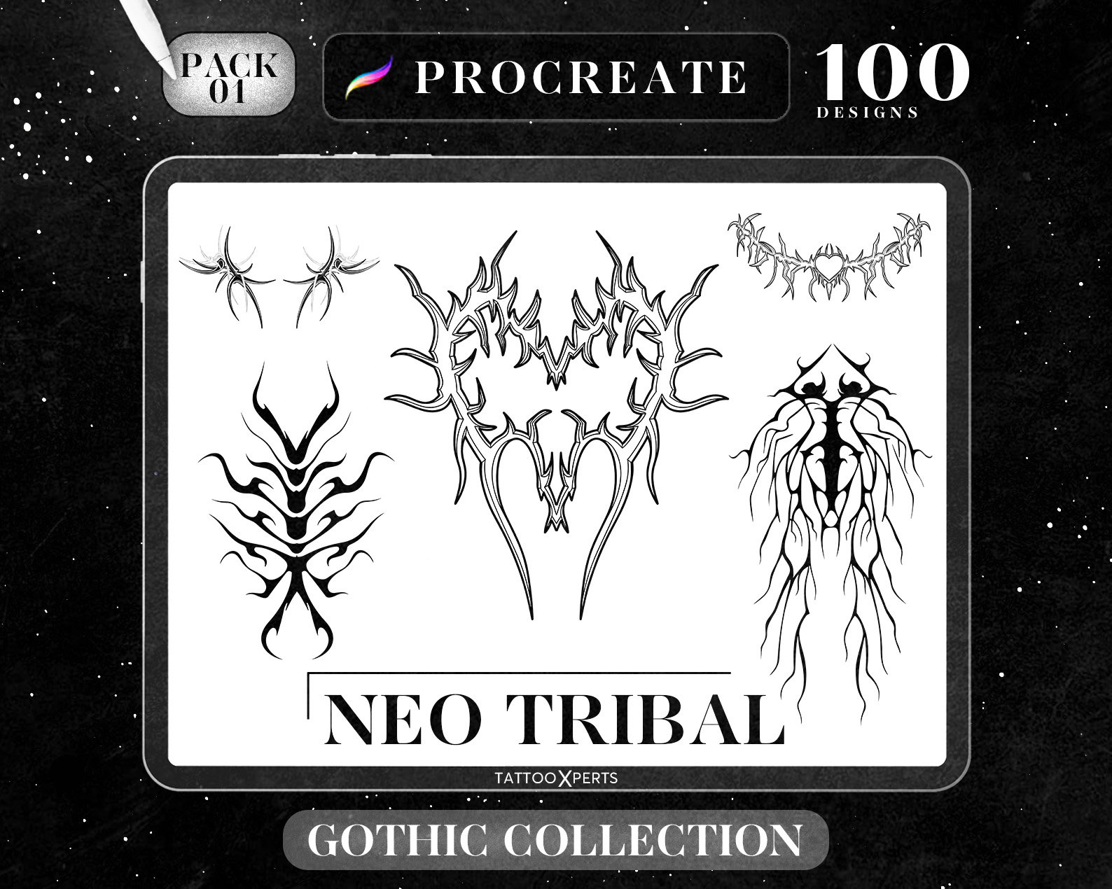 100 Neo Cyber Tribal Procreate Stamps INSTANT DOWNLOAD Gothic Tattoo ...