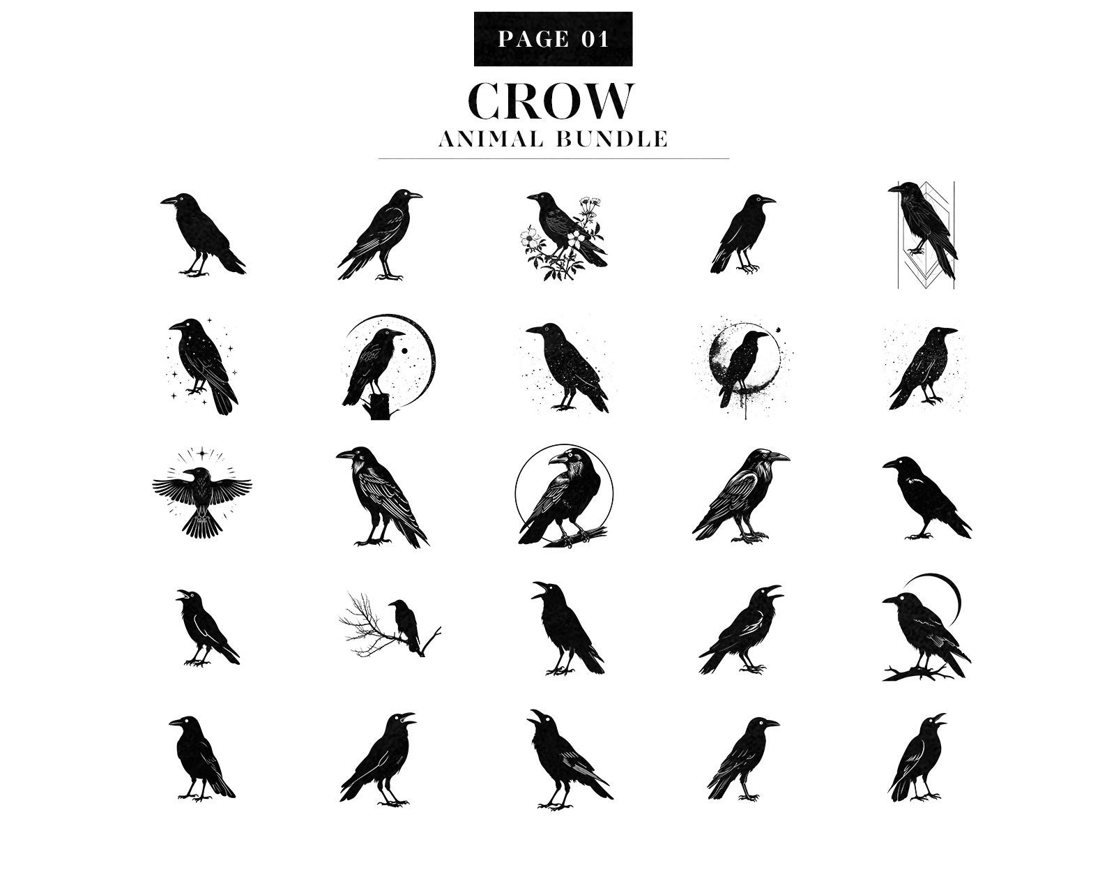 50 Crow Designs INSTANT DOWNLOAD Animal Stamps Procreate Brushes Tattoo ...