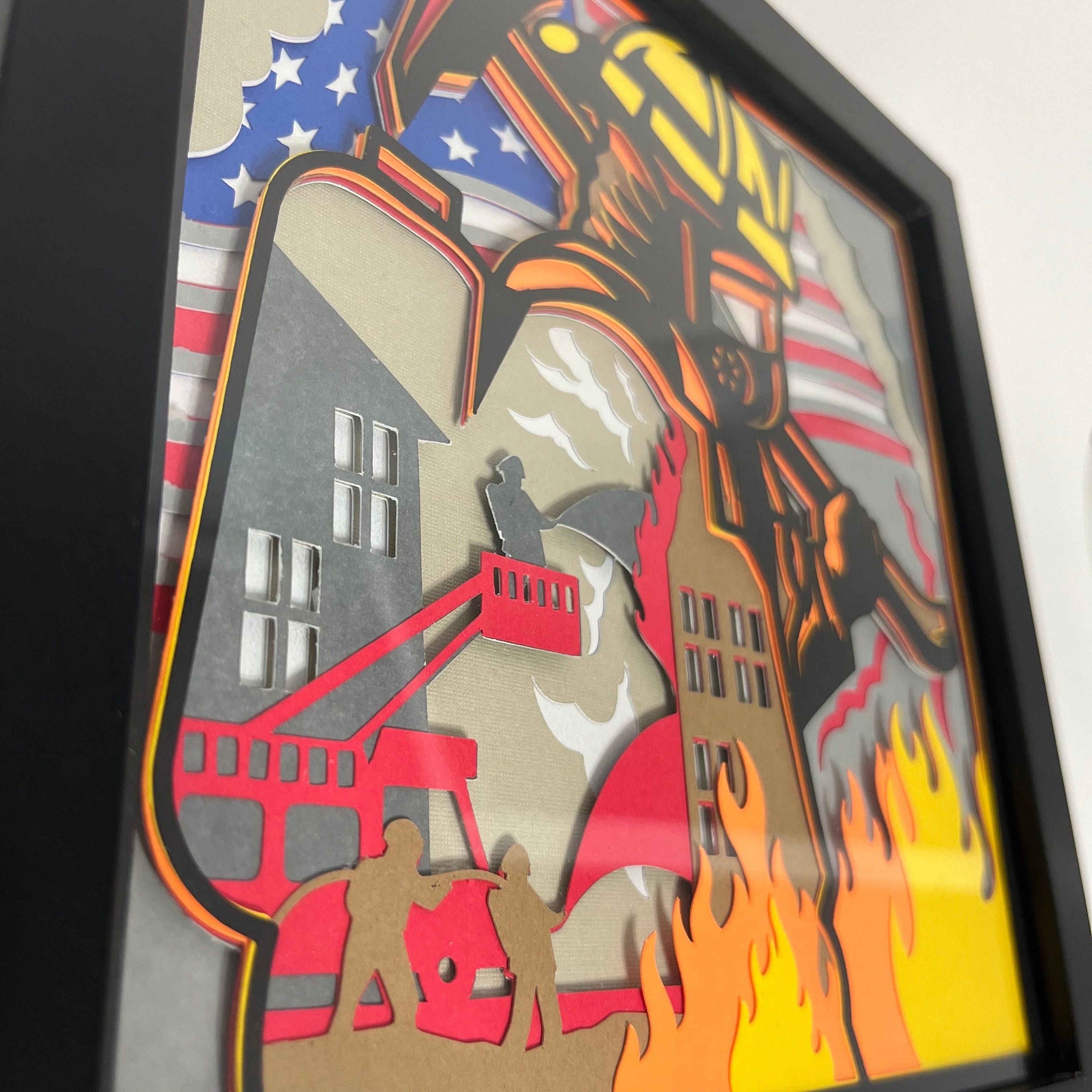 American Firefighter 3D Shadow Box Art, Layered Paper, Framed Paper Art ...
