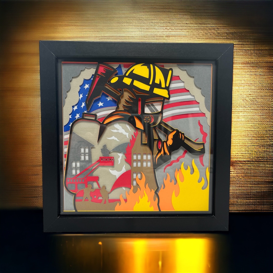 American Firefighter 3D Shadow Box Art, Layered Paper, Framed Paper Art ...