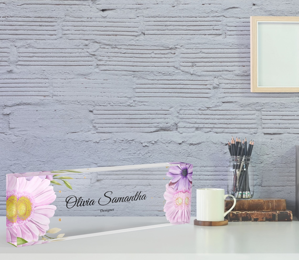 Desk Name Plate, Flower Name Plate, Acrylic Name Plate, Personalized ...