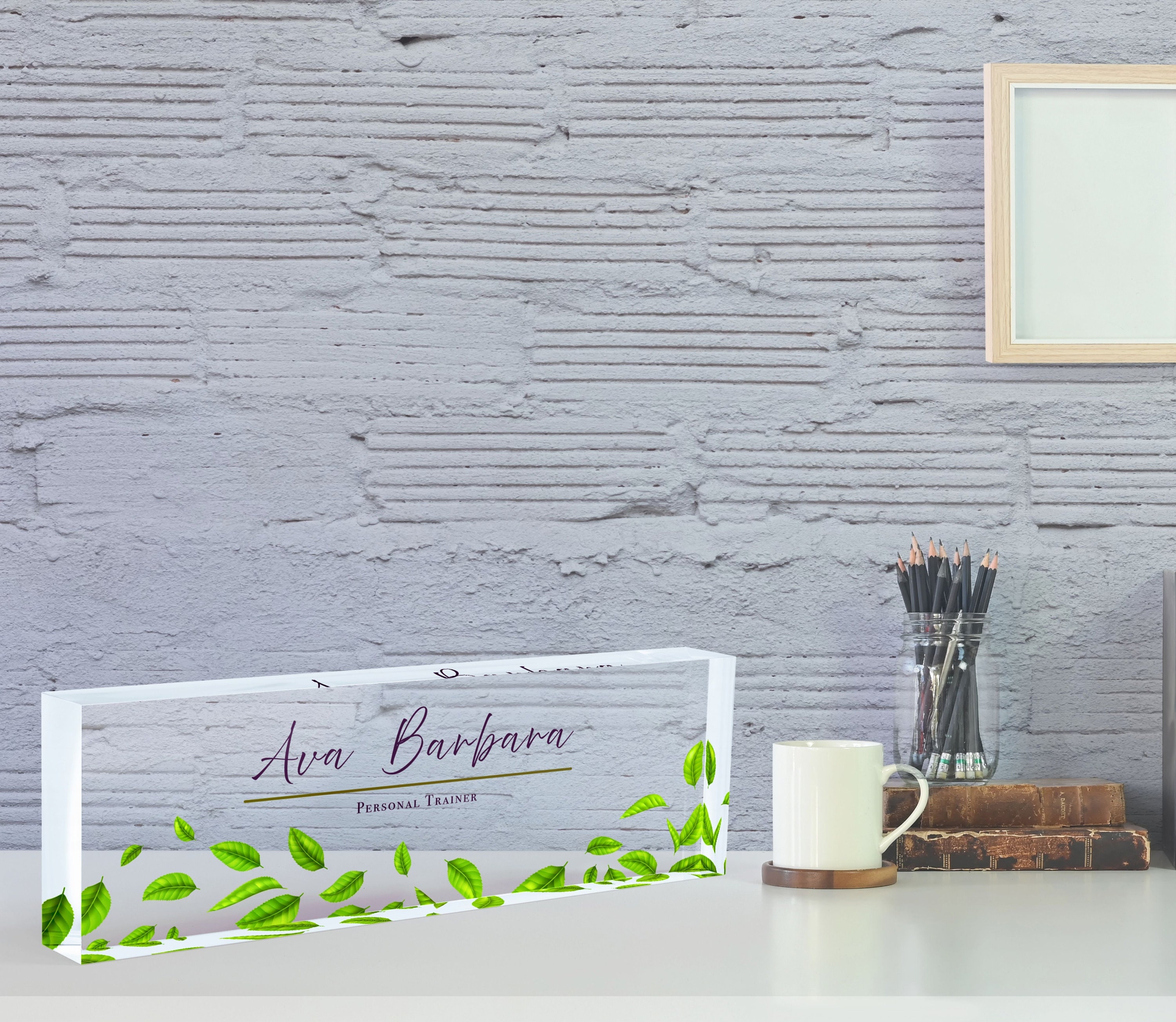 Green Leaf Desk Name Plate, Green Leaves on Clear Acrylic, Personalized ...