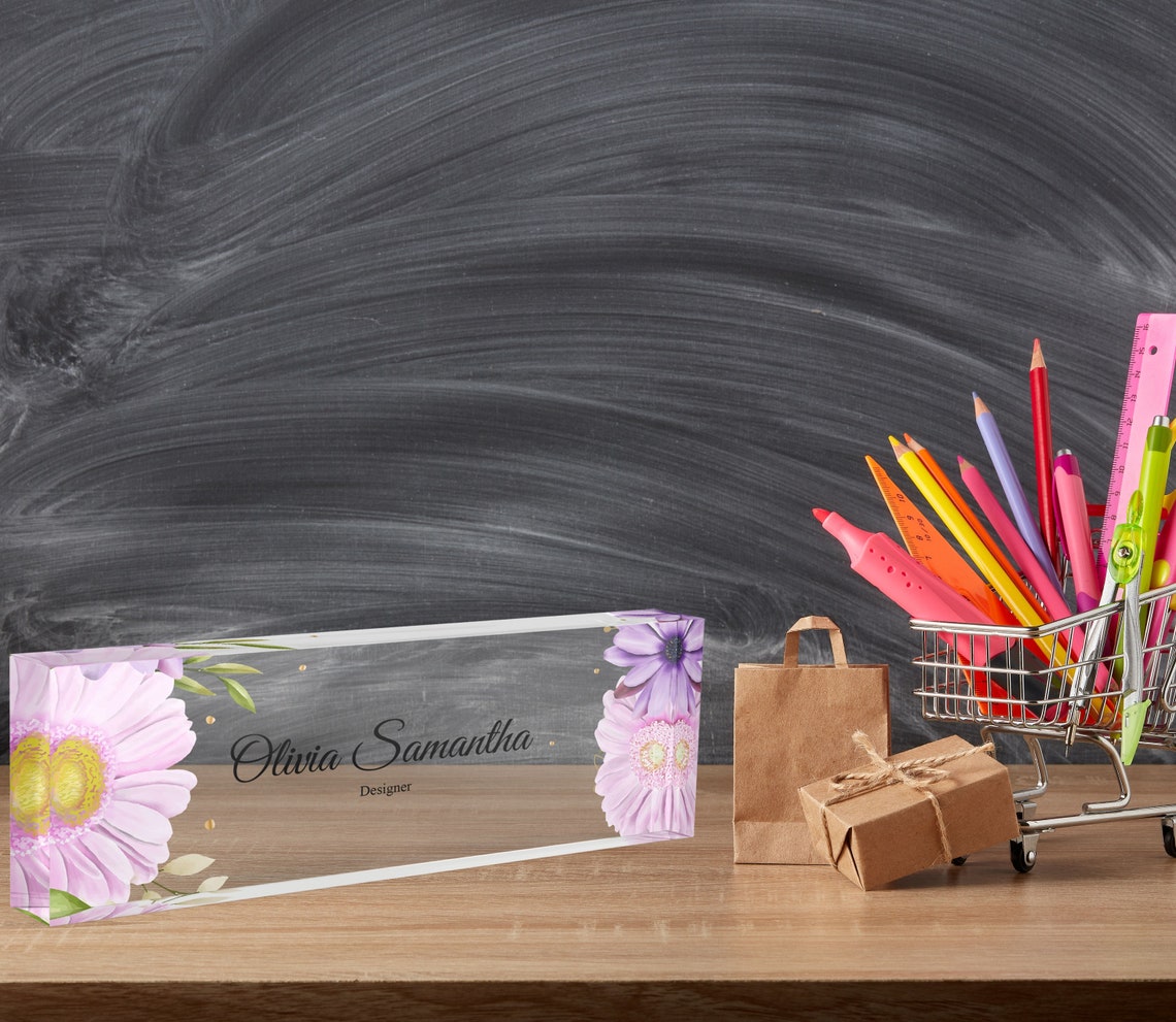 Desk Name Plate, Flower Name Plate, Acrylic Name Plate, Personalized ...