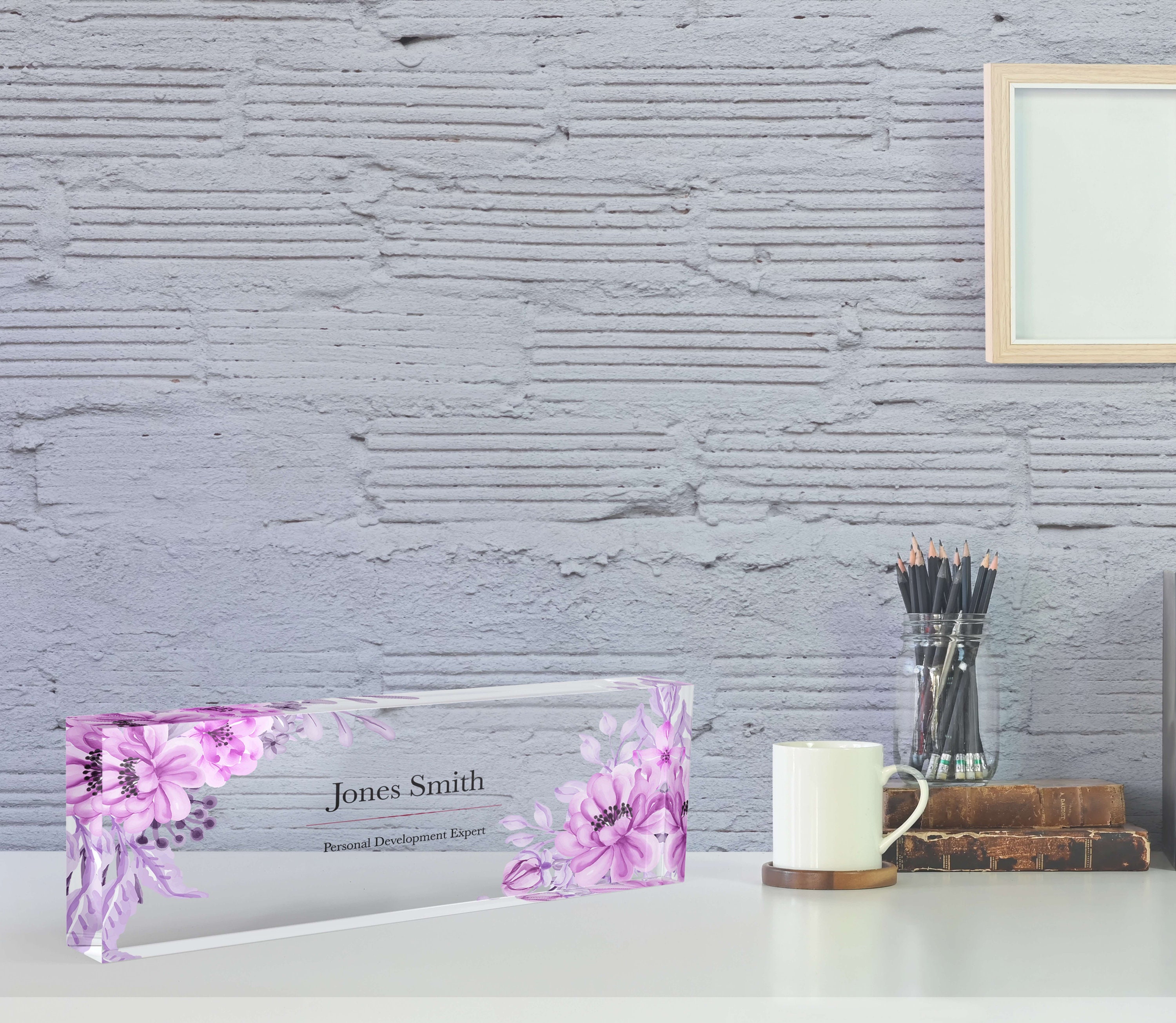 Custom Desk Name Plate, Purple Flowers Acrylic Name Plate, Personalized ...