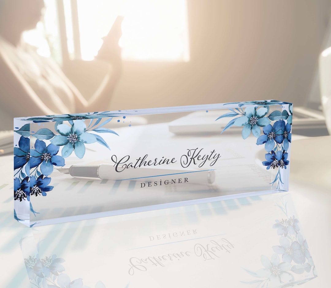 Personalized Blue Flower Name Plate, Marble Design Name Plate for Desk ...