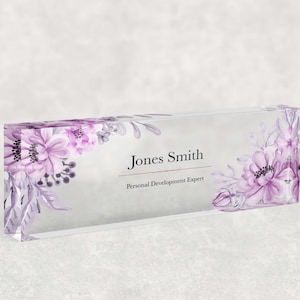 Custom Desk Name Plate, Purple Flowers Acrylic Name Plate, Personalized ...