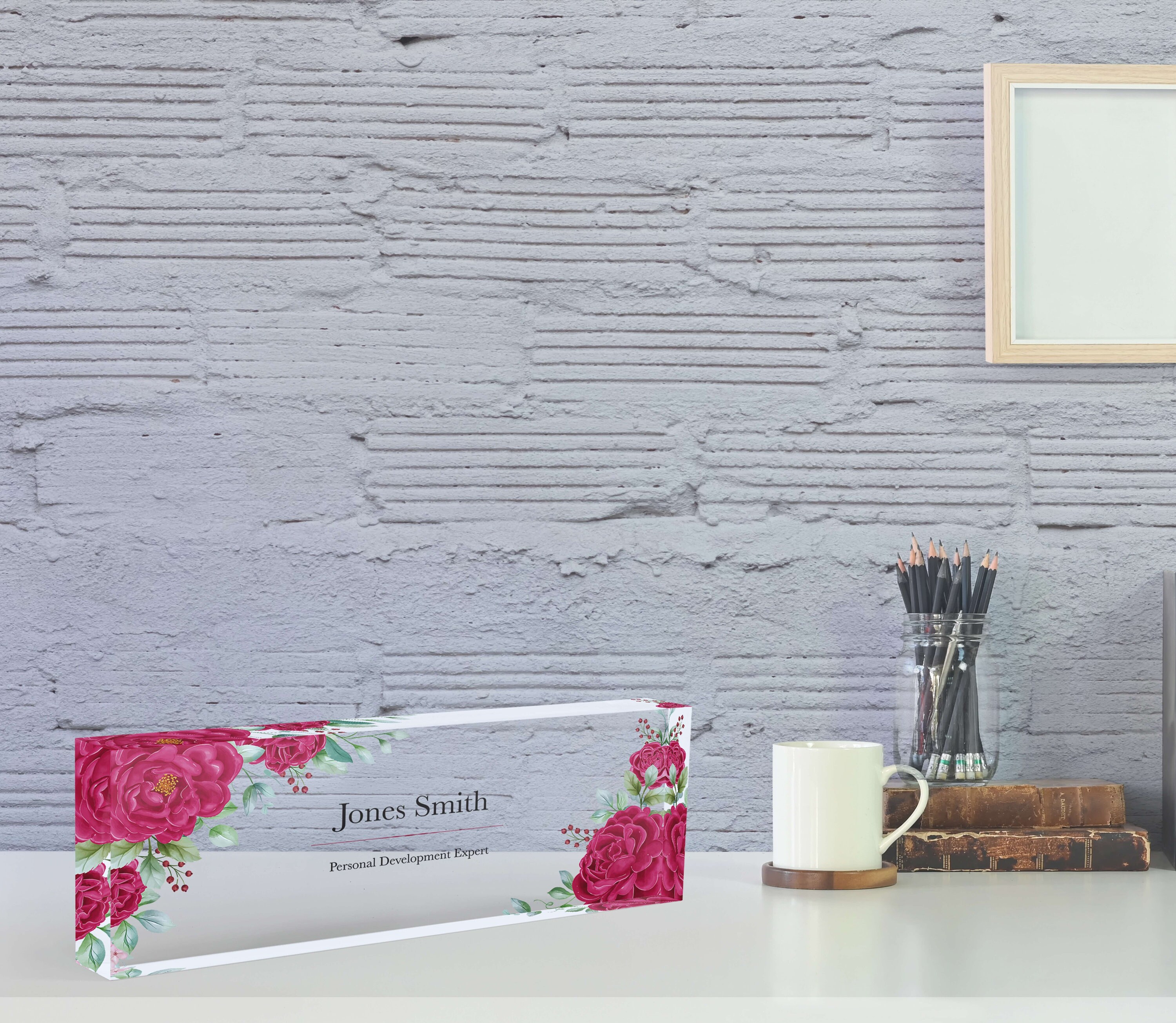 Red Floral Desk Decor, Custom Desk Name Plate, Flower Office Sign ...