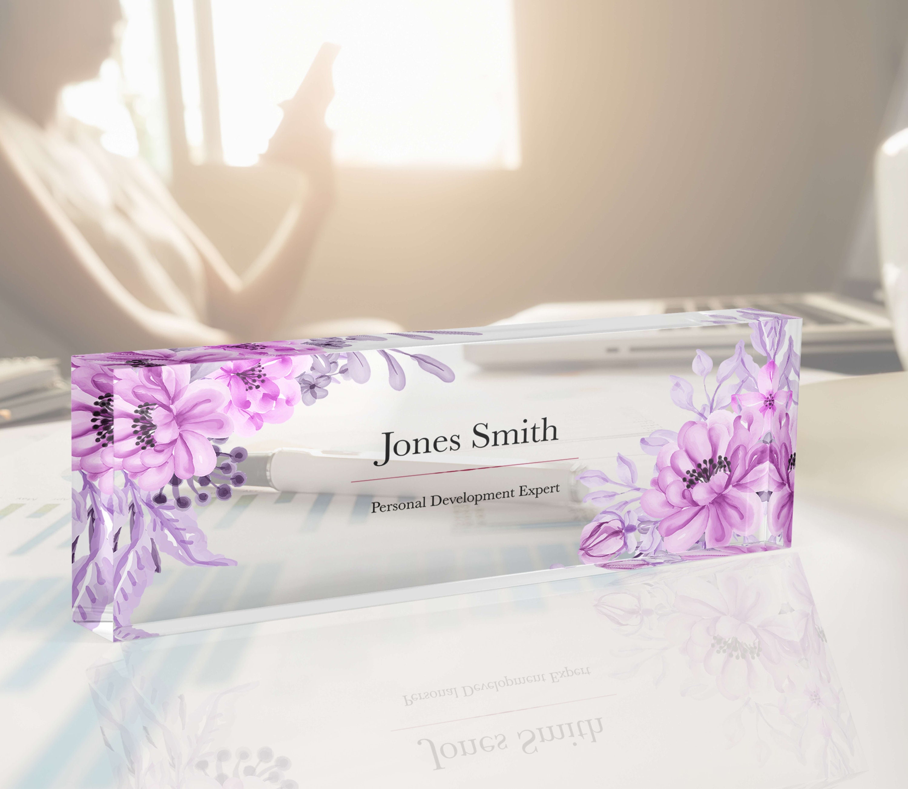 Custom Desk Name Plate, Purple Flowers Acrylic Name Plate, Personalized ...