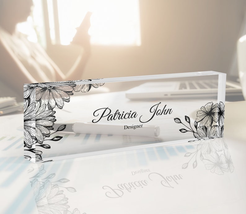 Flower Name Plate for Desk, Marble Design Name Plate, Personalized Sing ...