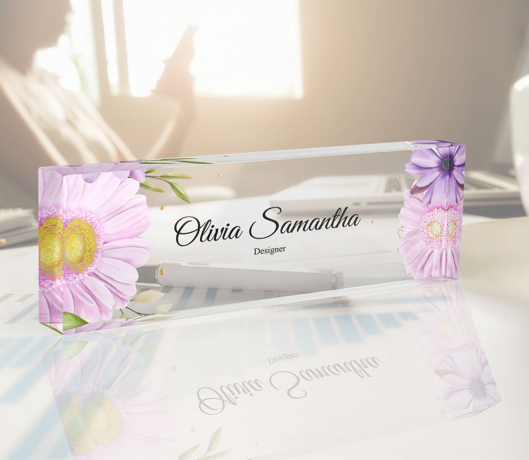 Desk Name Plate, Flower Name Plate, Acrylic Name Plate, Personalized ...