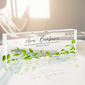 Green Leaf Desk Name Plate, Green Leaves on Clear Acrylic, Personalized ...