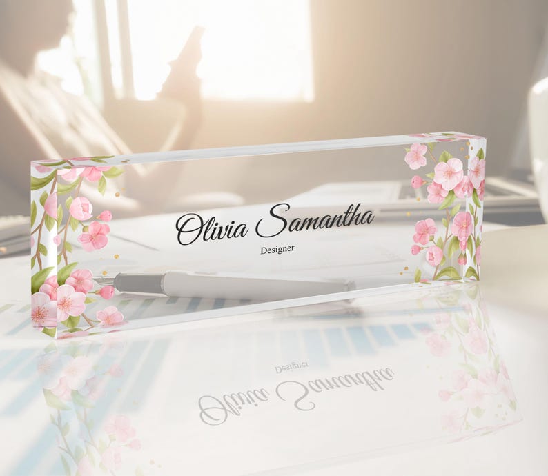 Pink Floral Desk Name Plate, Flower Name Plate, Acrylic Name Plate ...