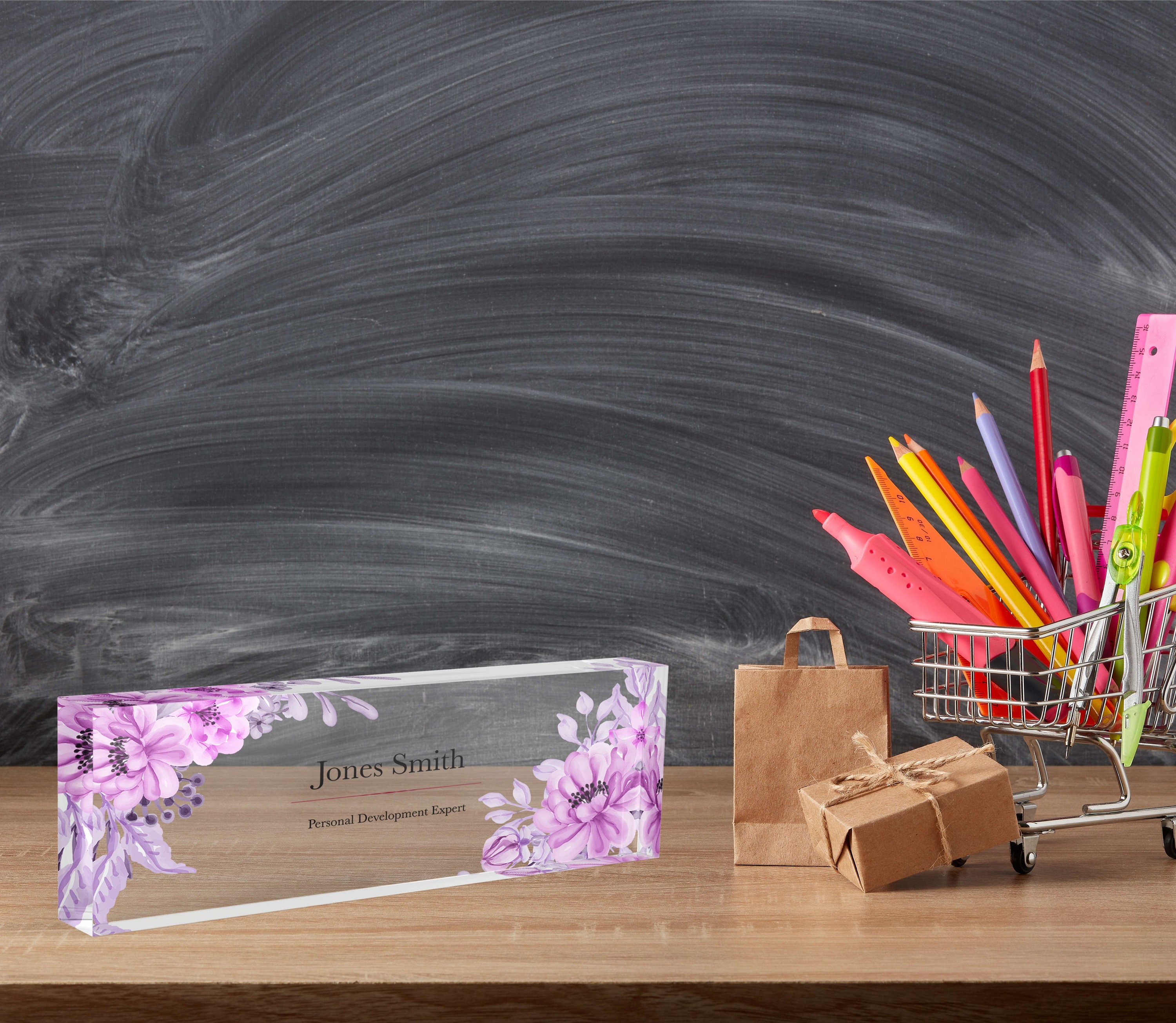 Custom Desk Name Plate, Purple Flowers Acrylic Name Plate, Personalized ...