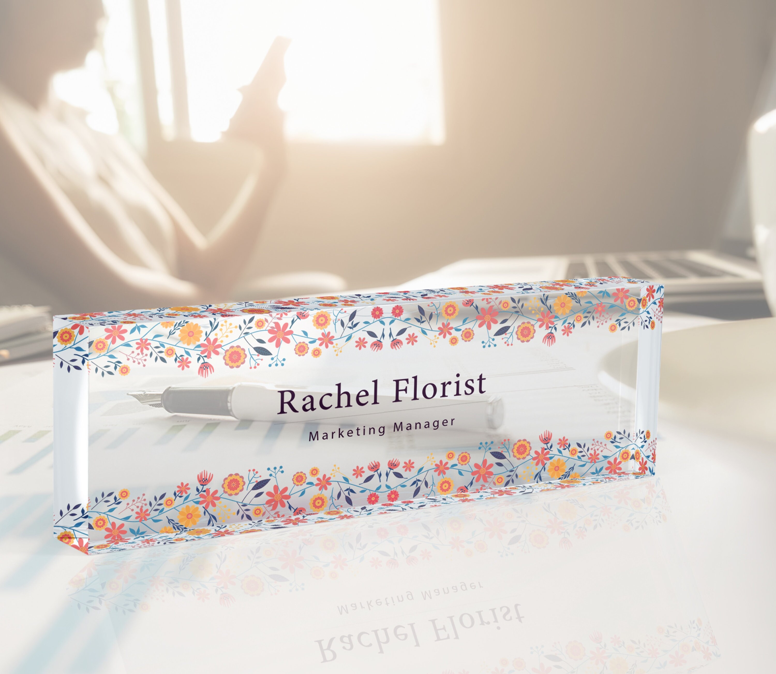 Flower Desk Name Plate, Personalized Acrylic Desk Name Sign, Custom ...