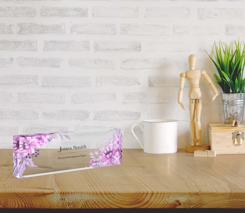 Custom Desk Name Plate, Purple Flowers Acrylic Name Plate, Personalized ...