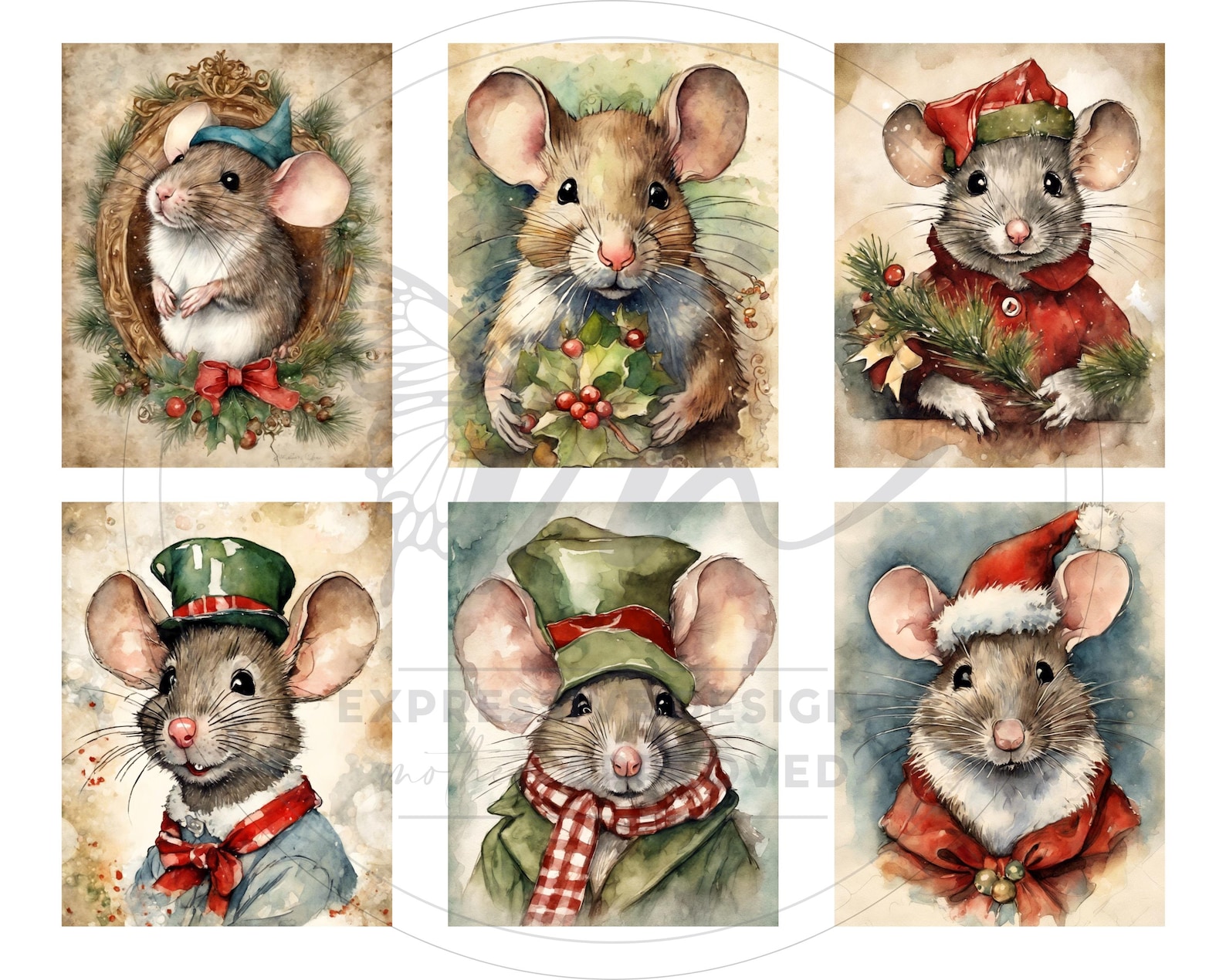 Christmas Mouse Watercolor Clipart, Holiday Scrapbook Images (digital ...