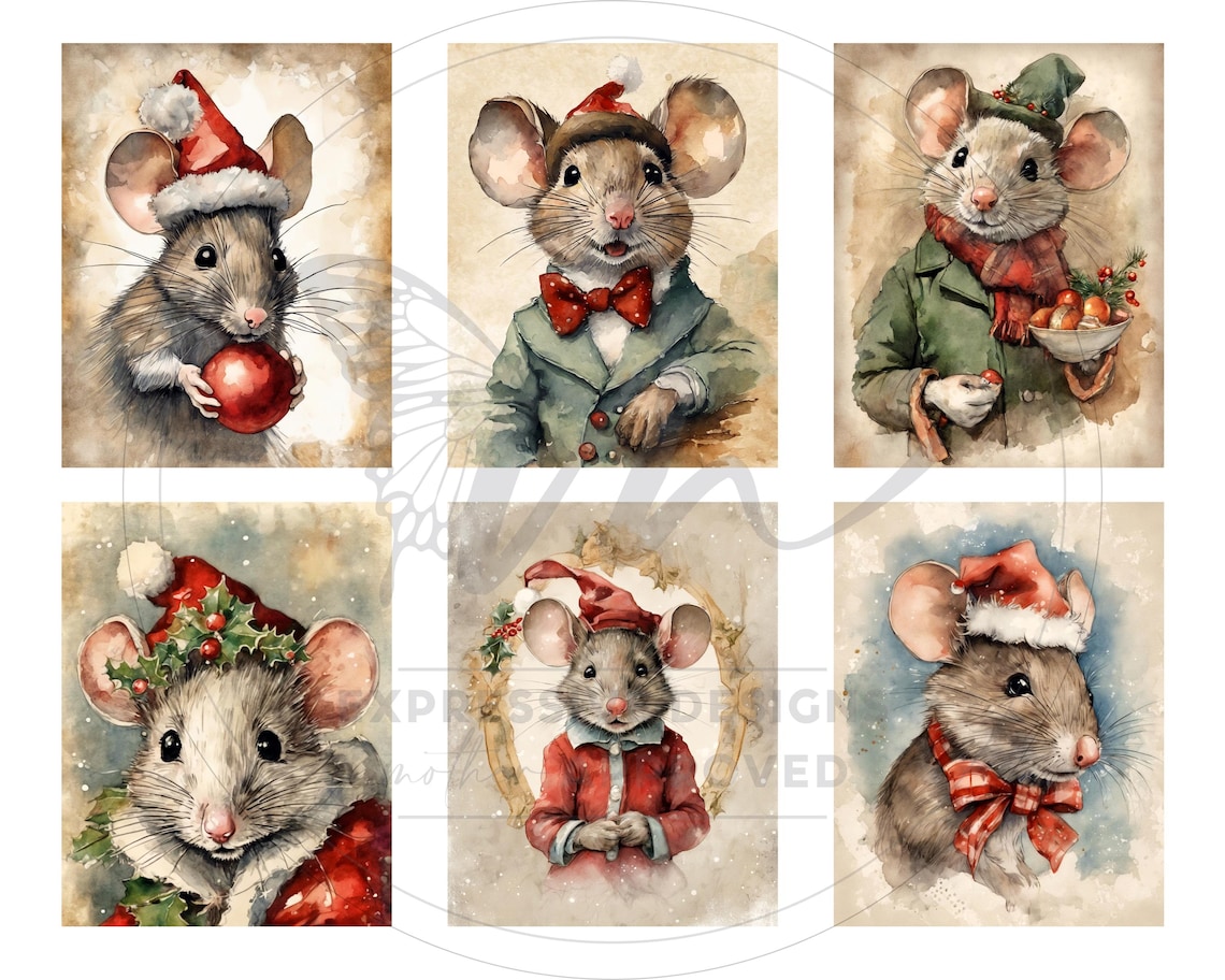 Christmas Mouse Watercolor Clipart, Holiday Scrapbook Images (digital ...