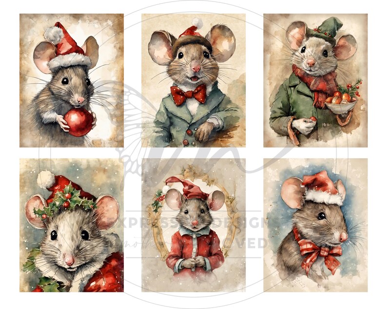 Christmas Mouse Watercolor Clipart, Holiday Scrapbook Images (digital ...