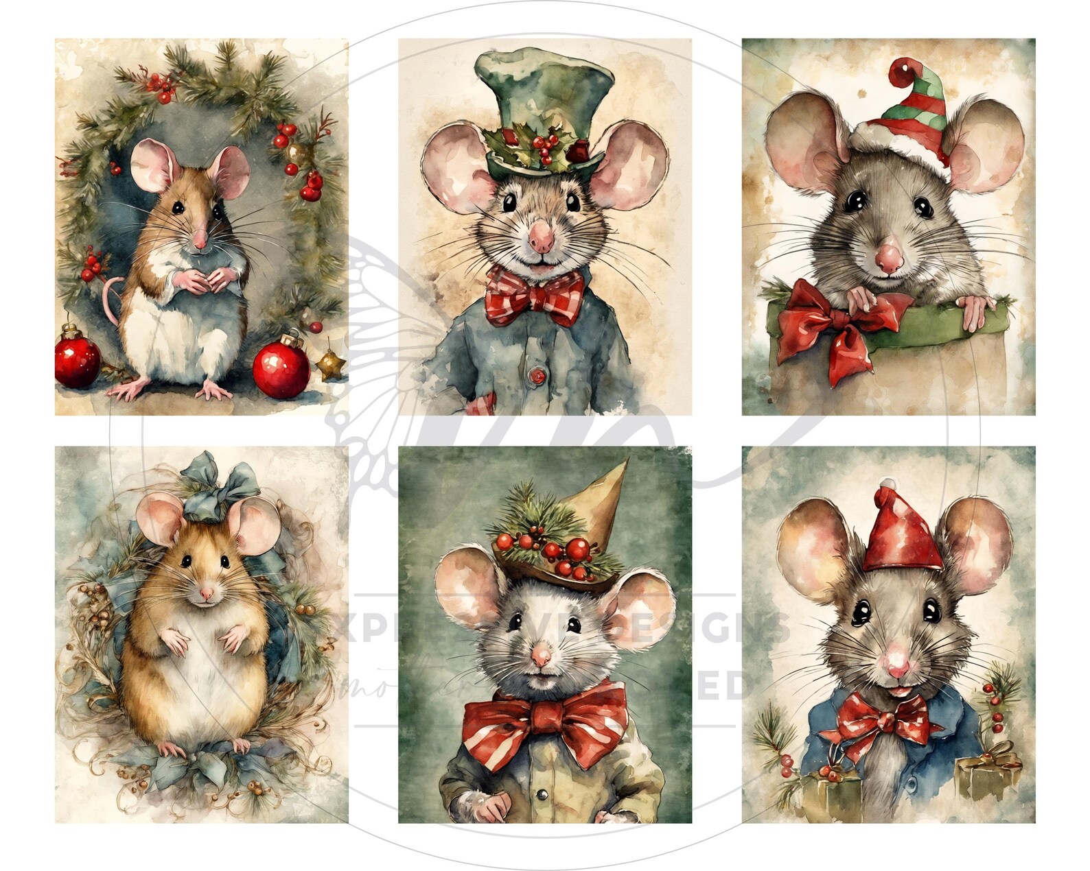 Christmas Mouse Watercolor Clipart, Holiday Scrapbook Images (digital ...