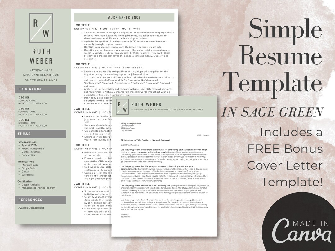 Simple Resume and Matching Cover Letter Canva Template in Sage Green ...