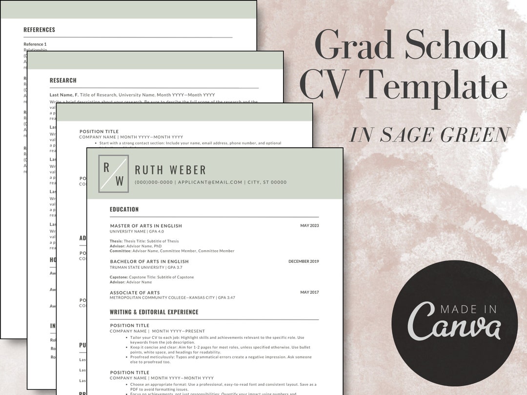 Grad School CV Template: Clean Academic Resume (digital Download) - Etsy