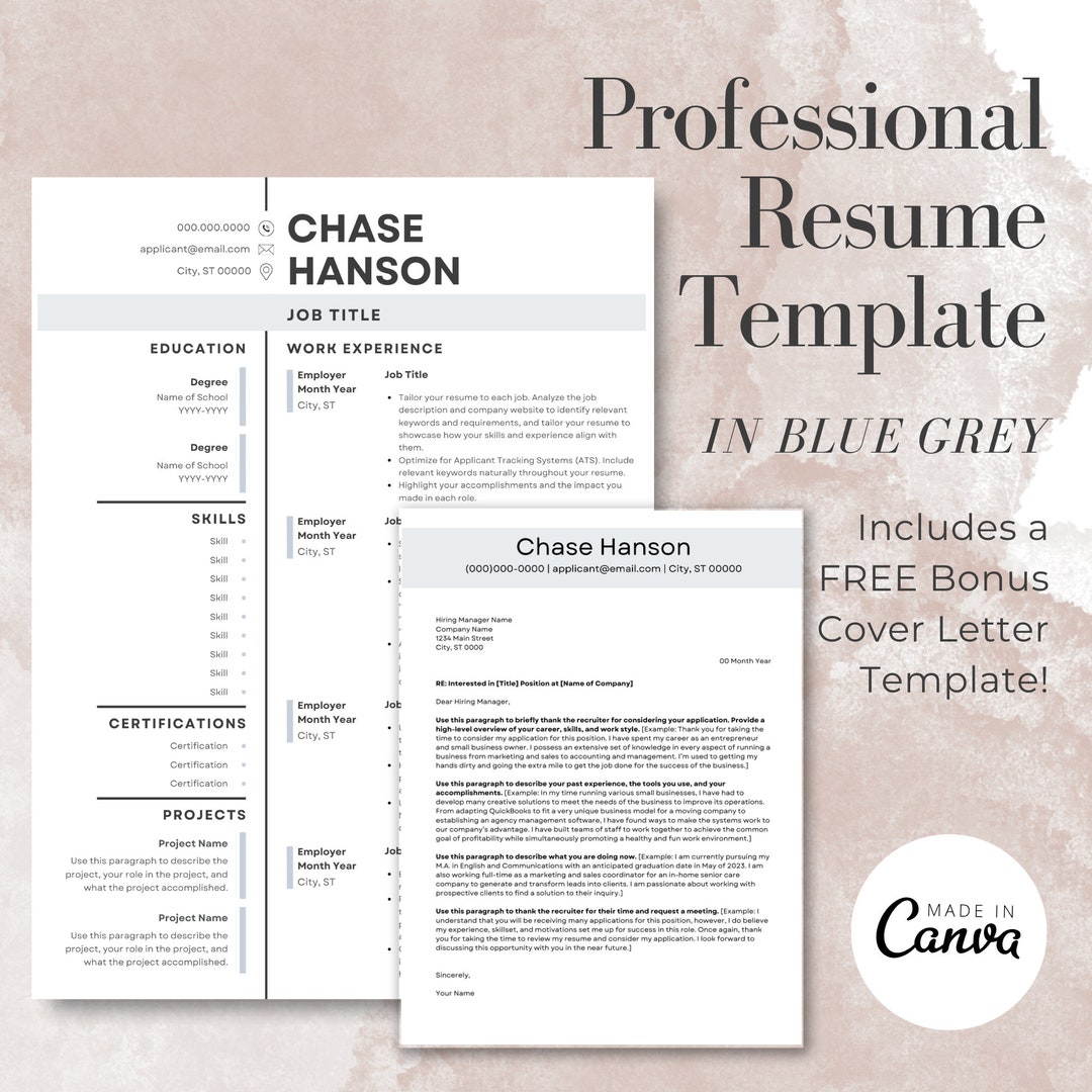 Modern Blue Resume Template With Cover Letter (canva Digital Download ...