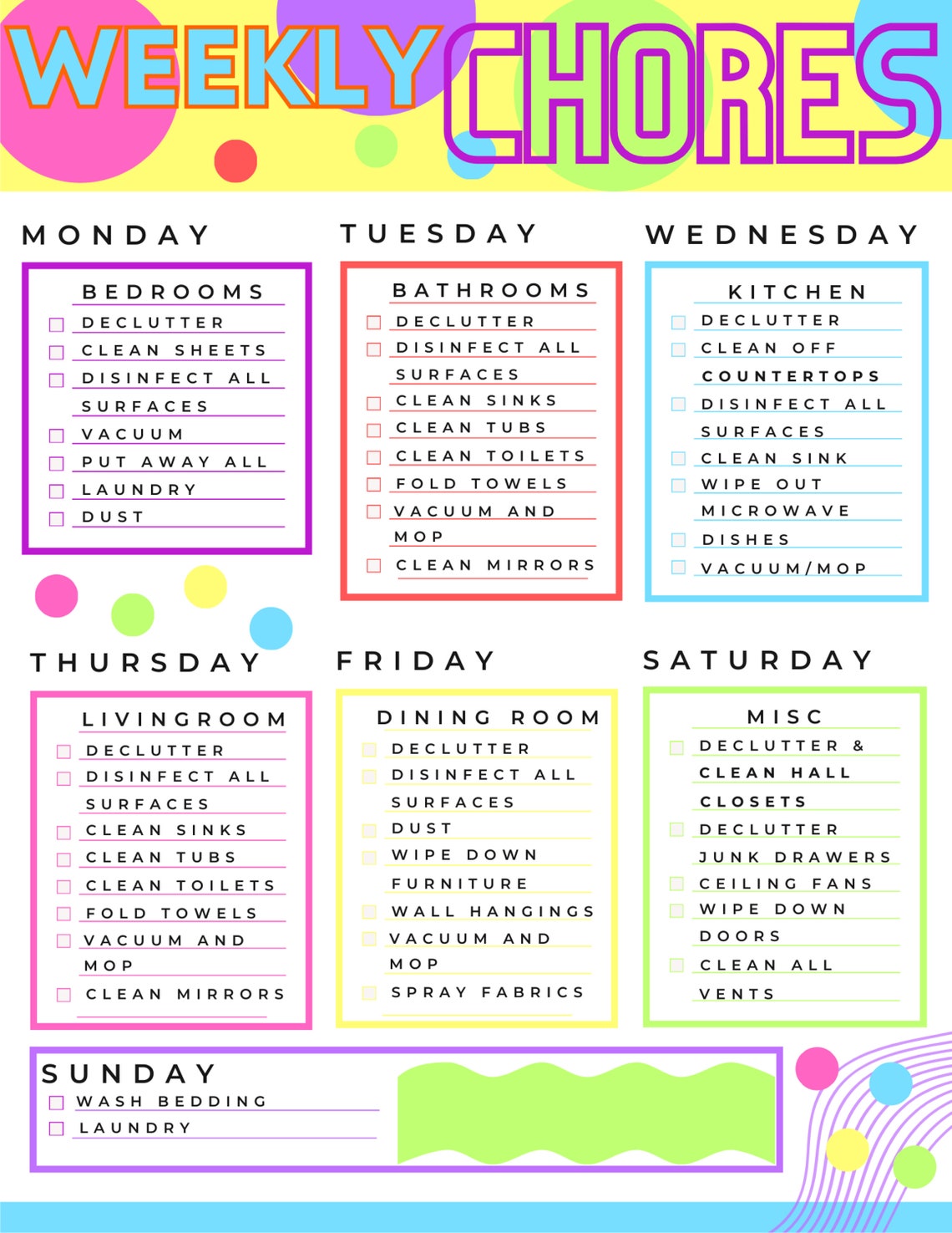 Weekly Chore List, Weekly Chores, Cleaning Chart, Clean House, Household Cleaning, Color Chart ...