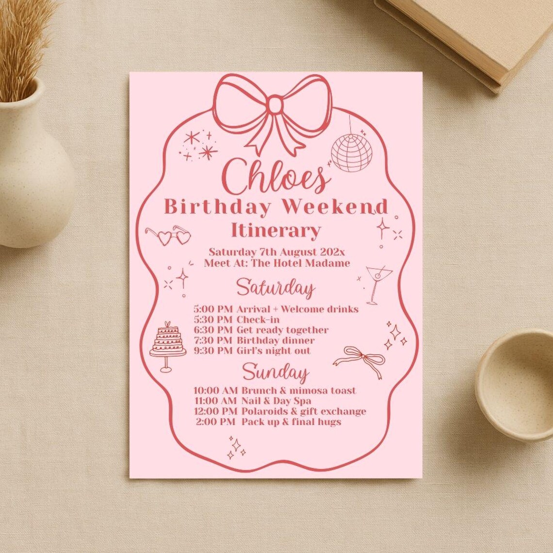 Bow Birthday Weekend Itinerary Template | Editable Agenda Invitation ...