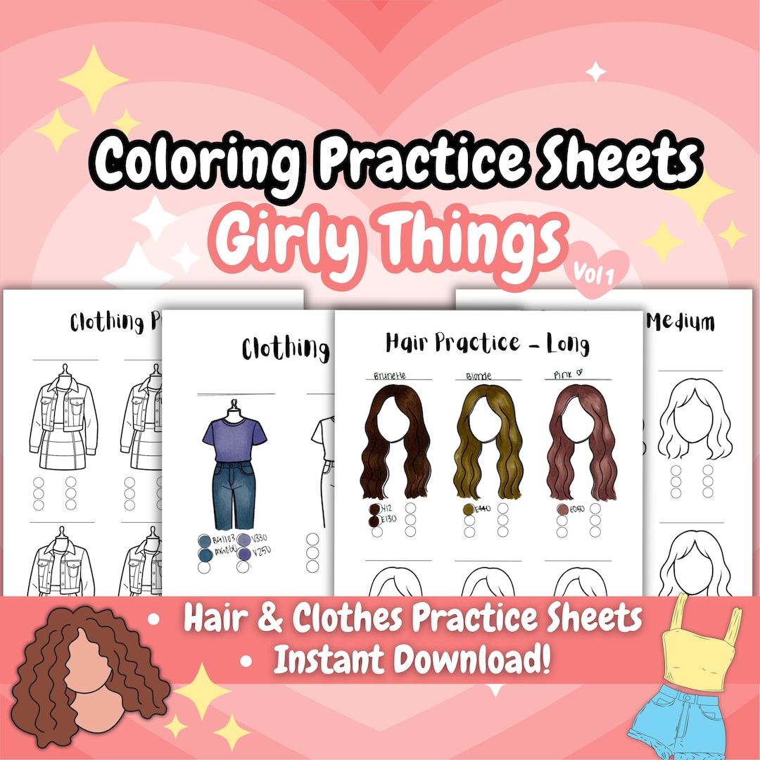 Printable Coloring Practice Sheets for Girly Things, Hair & Clothes ...