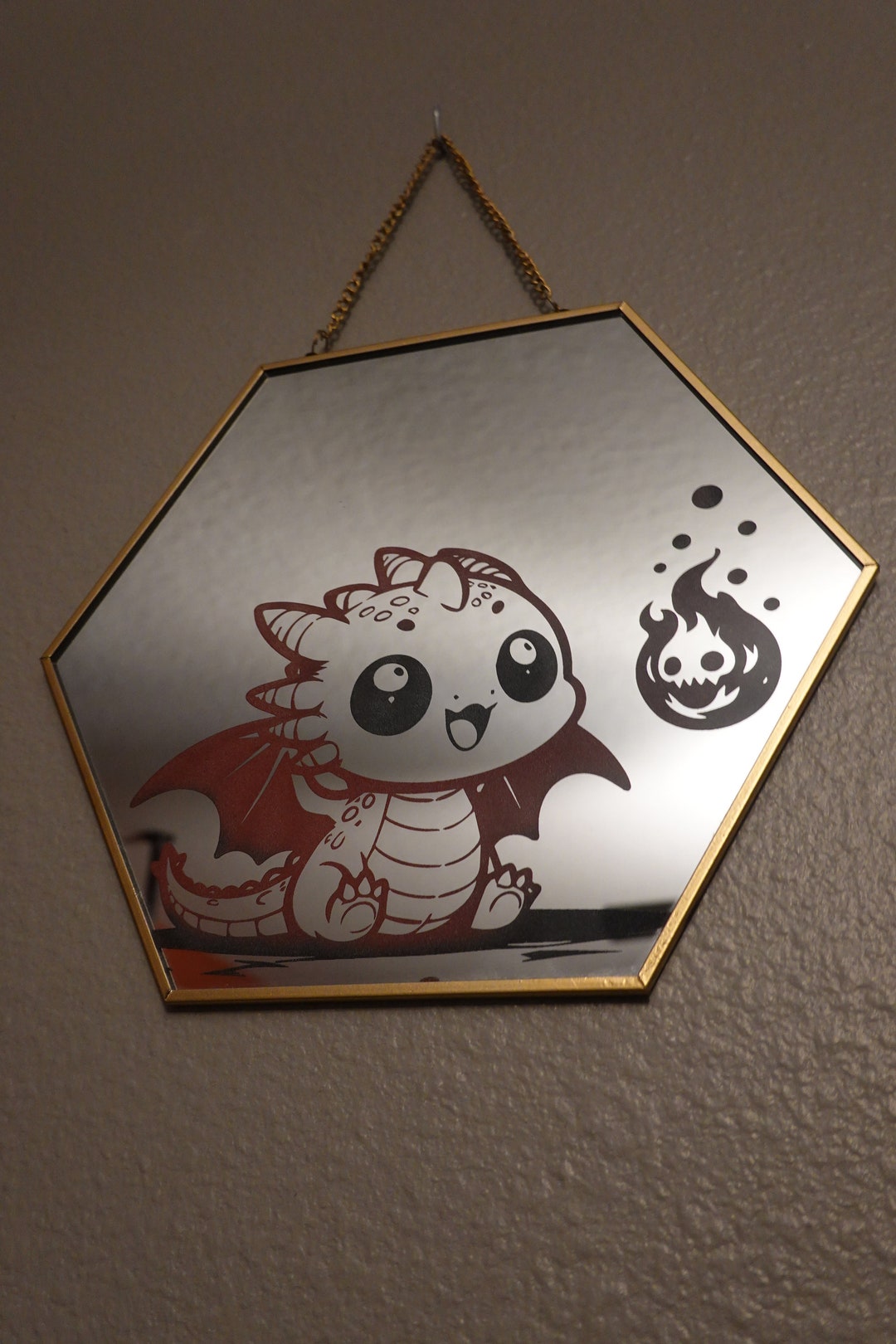 Dragon Hatchling Engraved Mirror Fantasy Art in Gold Hexagon Frame ...