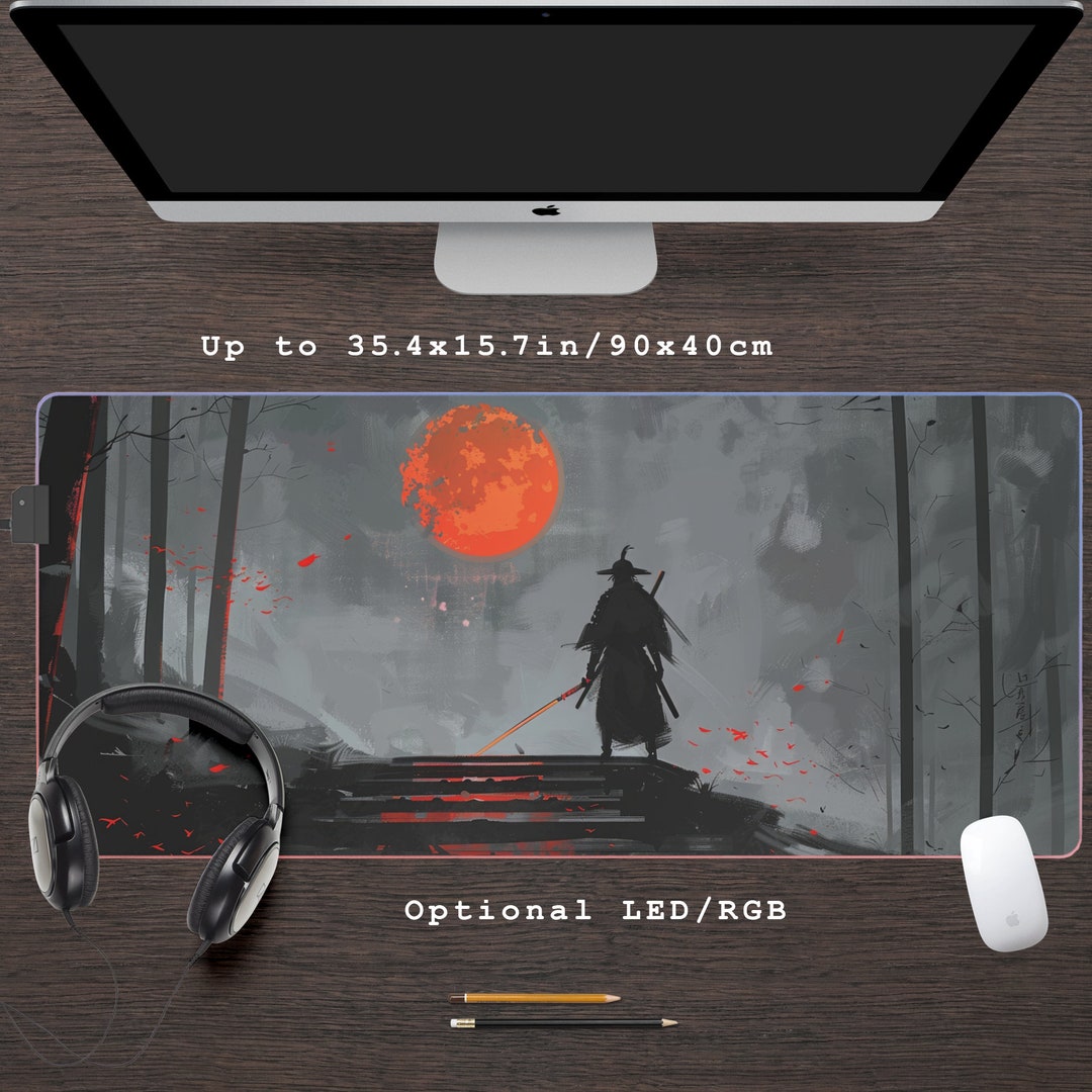 Japanese Samurai Desk Pad LED XXL Scenic Sunset Desk Mat XXL Warrior ...