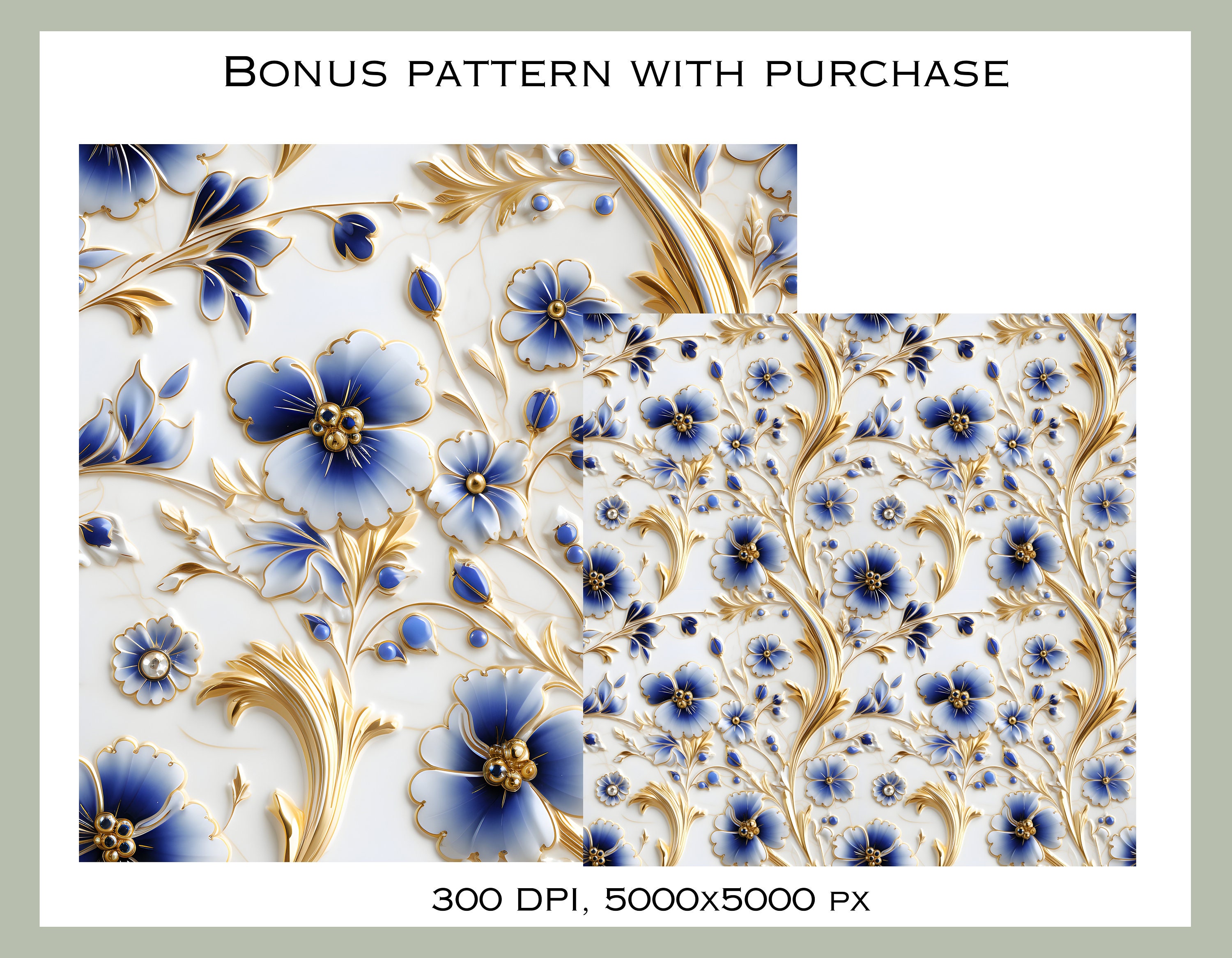 Blue and Gold Floral Seamless Pattern, Set of 4 bonus, Digital Download ...