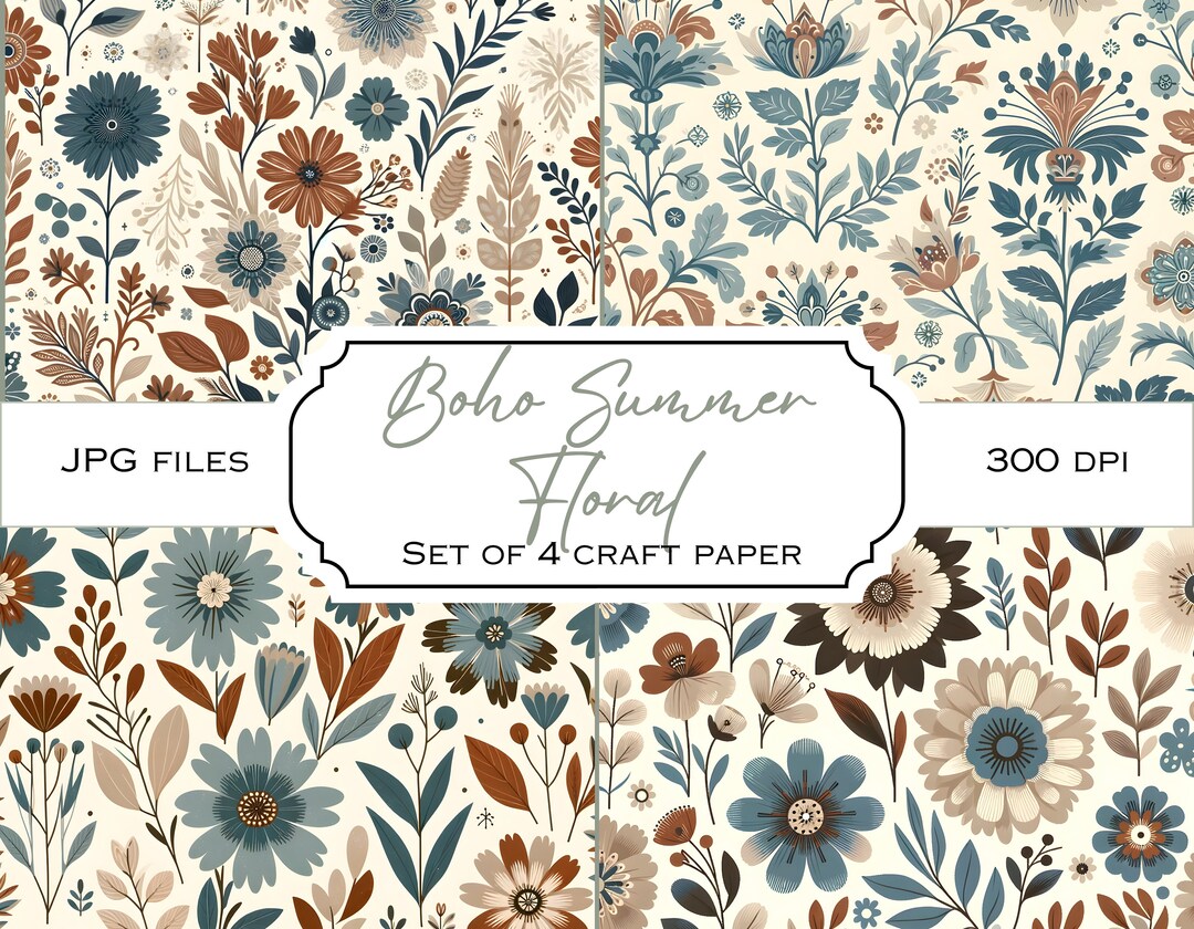 Boho Flower Paper Pack, Set of 4, Summer Boho Flower Digital Scrapbook ...