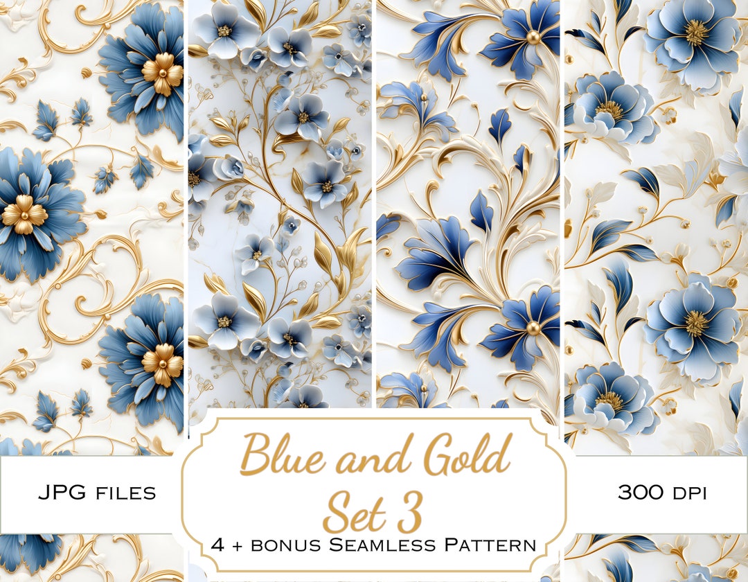 Blue and Gold Floral Seamless Pattern, Set of 4 bonus, Digital Download ...