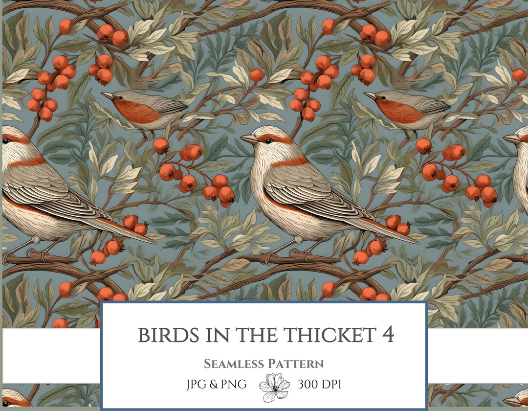 Botanical Seamless Pattern, Birds in the Thicket, Small Bird Forest ...