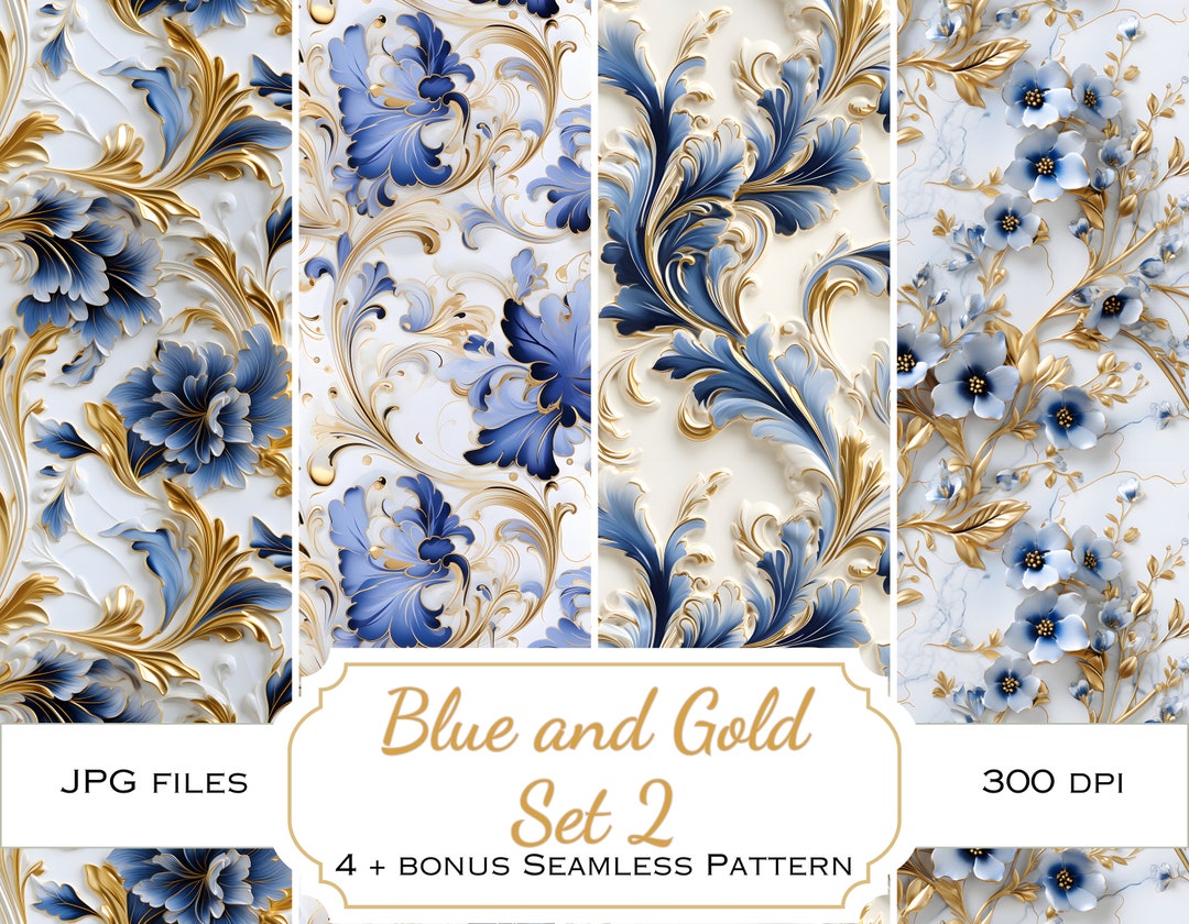 Blue and Gold Floral Seamless Pattern Bundle 2, Set of 4 bonus, Digital ...