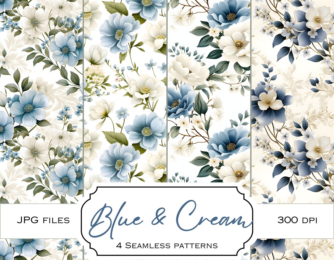 Blue and Cream Floral Seamless Pattern, Set of 4, Botanical Blue and ...