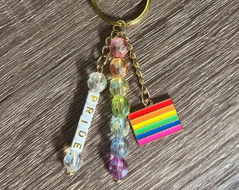 Rainbow Pom Pom Keychain | Pride Flag Rainbow Keychain, Pride Purse Charm, Beads Rainbow Flower ...