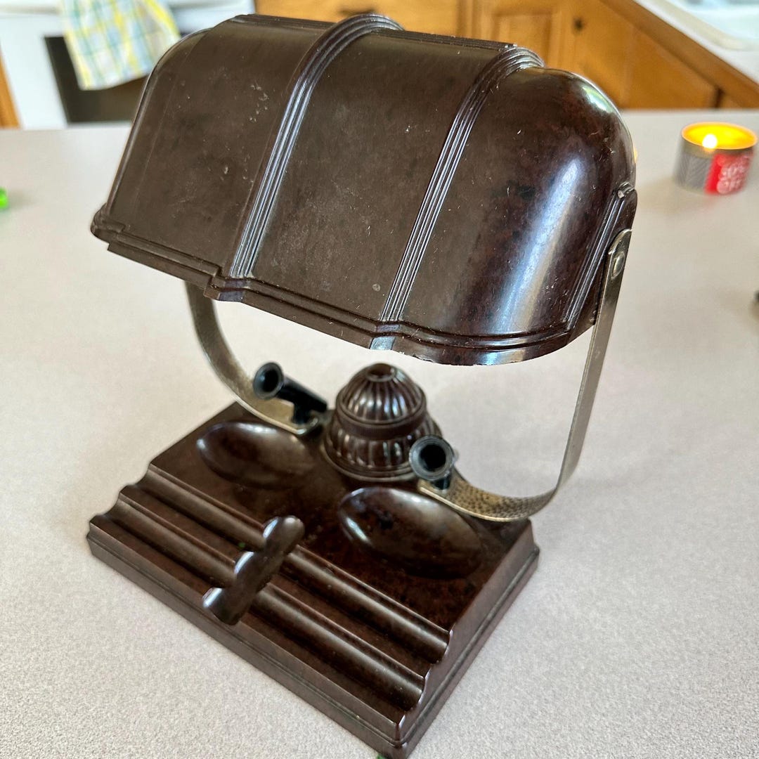 Vintage Bakelite Desk Lamp, Brown Bankers Inkwell and Fountain Pen ...
