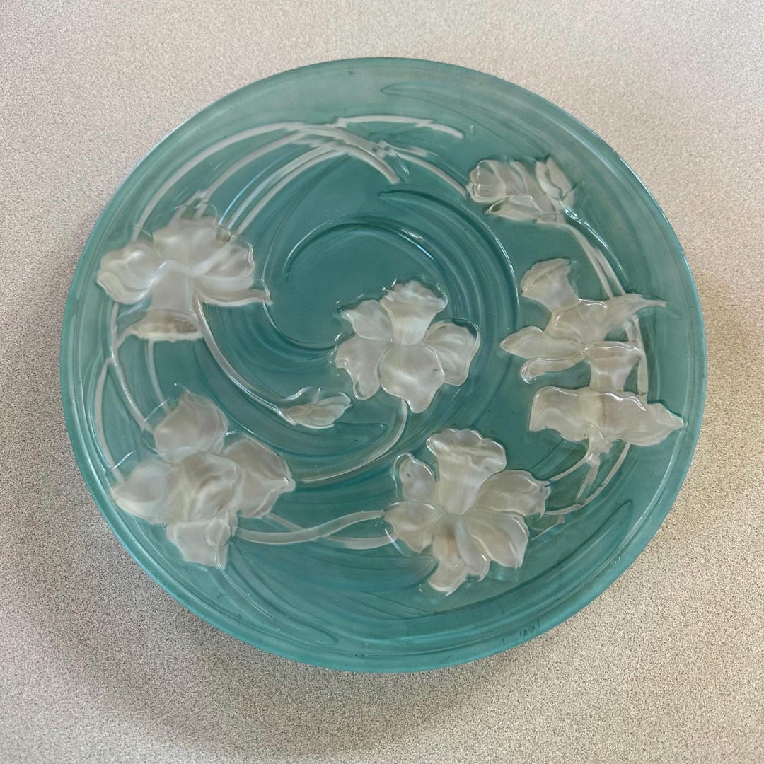 RARE Vtg Blue Frosted Glass Phoenix Consolidated Glass Orchid Platter Art Deco Teal Daffodil ...