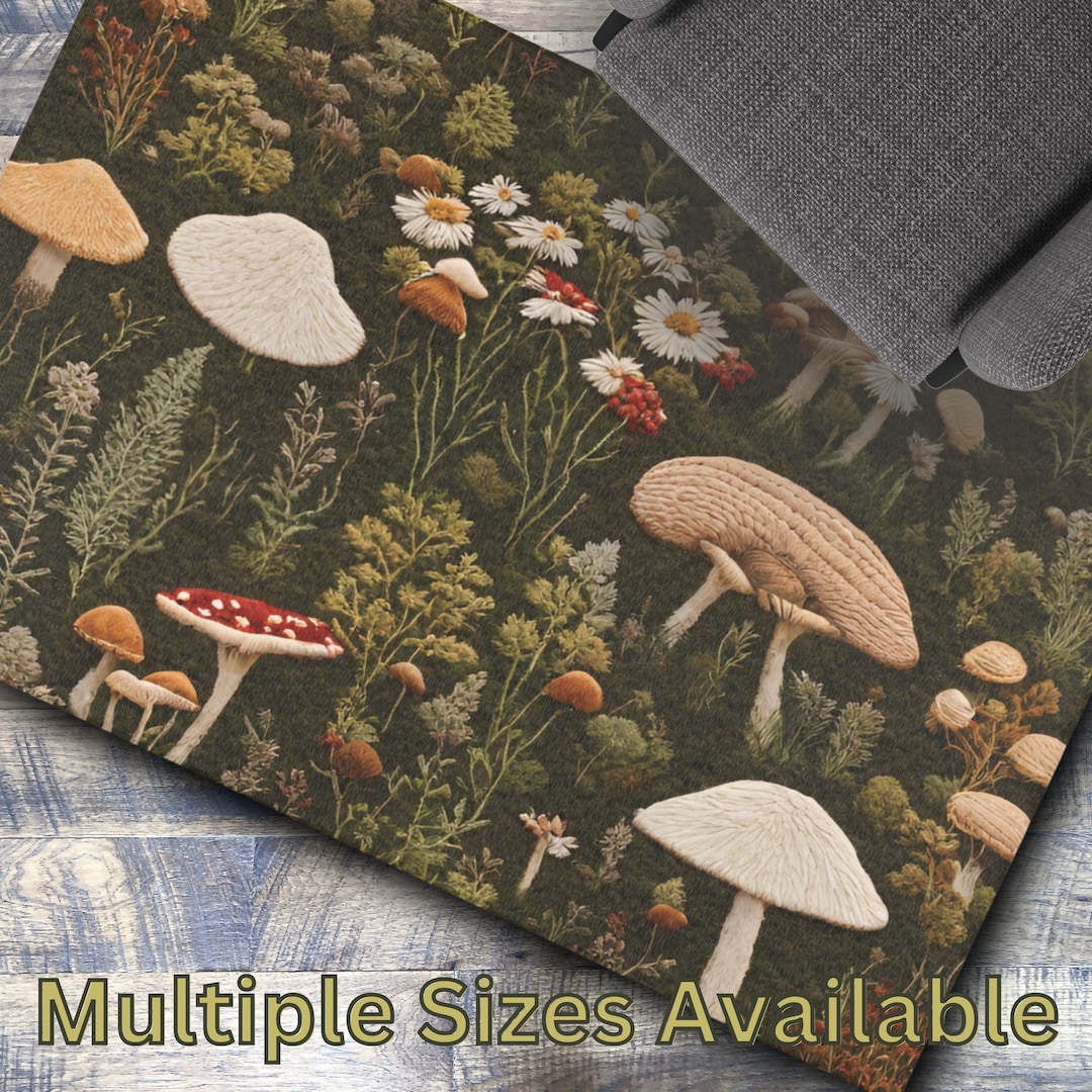 Boho Wildflower Mushroom Rug for Bedroom, Office Area Rug, Cottagecore ...