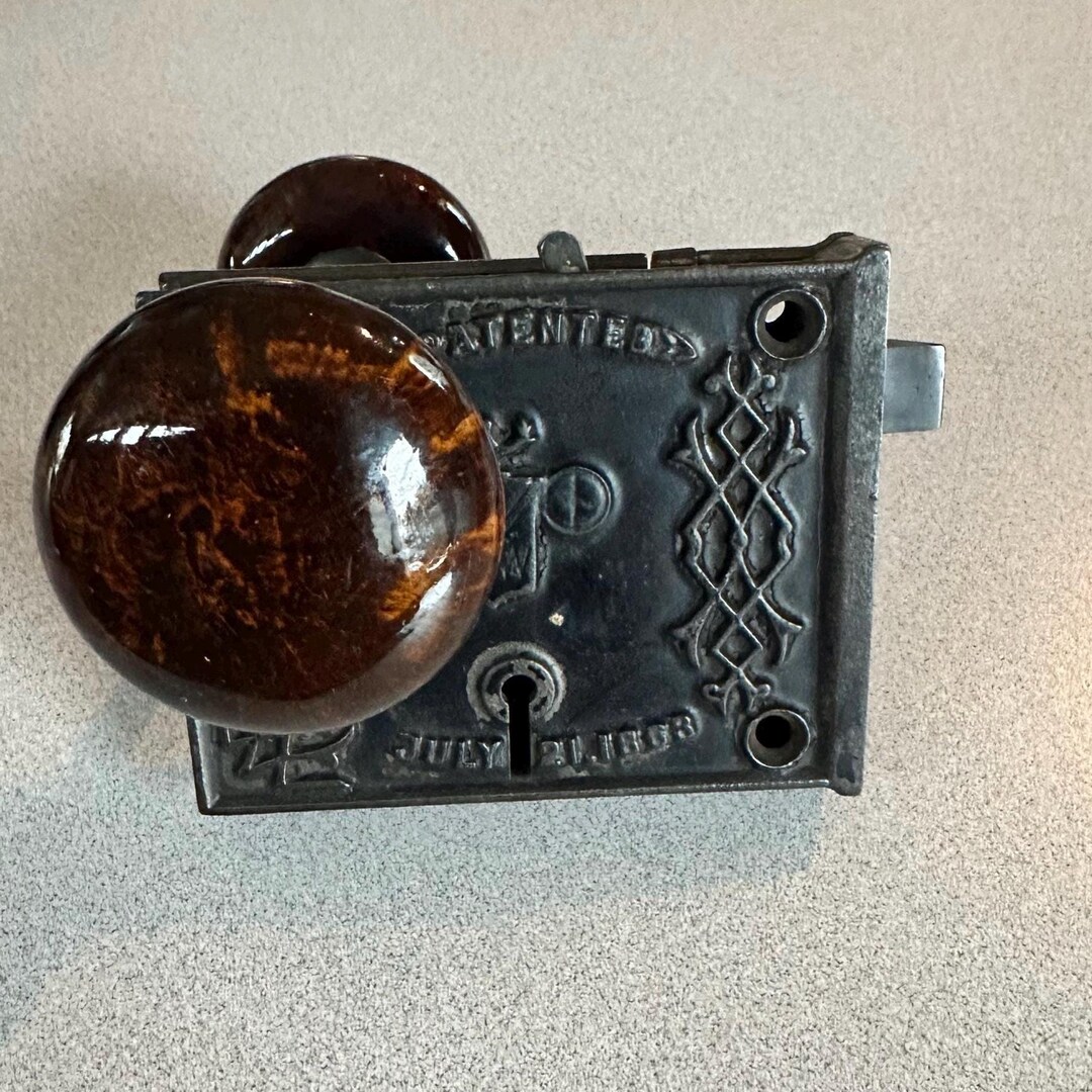 Antique 1863 Ornate BLW Lock and Woodgrain Porcelain Doorknob Set ...