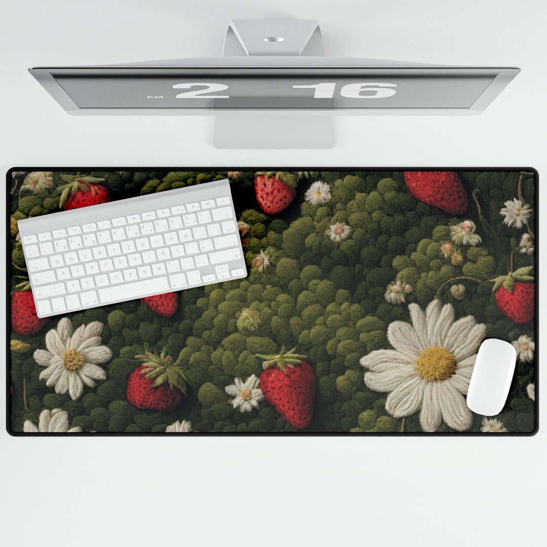 Strawberry Wildflower Cottagecore Desk Mat Printed Berry Moss Mouse Pad ...