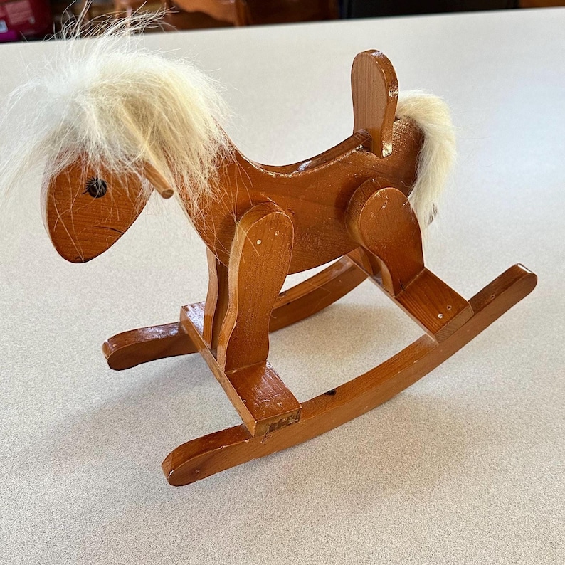 Vintage Hand Crafted Wood Small Rocking Horse. so Sweet! Furry Mane and ...