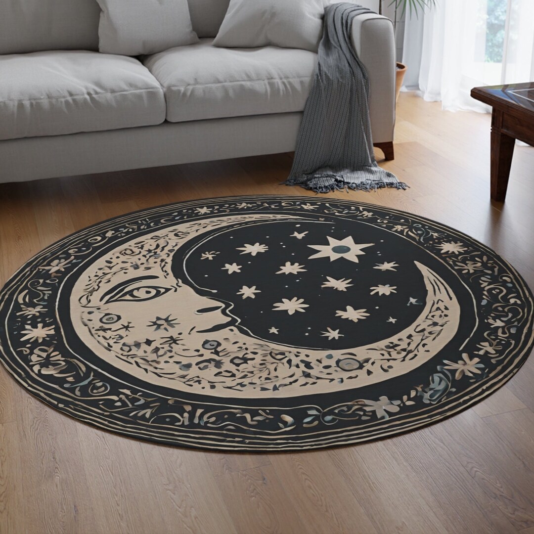 Moon Phase Witchy Boho Round Rug, Ivory Lunar Area Rug Scandinavian ...