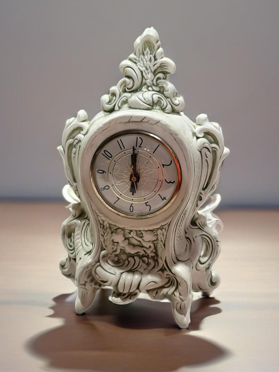 VTG Lanshire Clock, Ceramic, Cream, Olive, Gold, Mantle Clock, Table ...